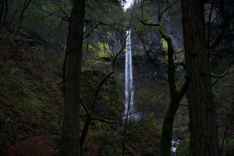 This is a view of the falls from past the bridge. While partly obscured ...