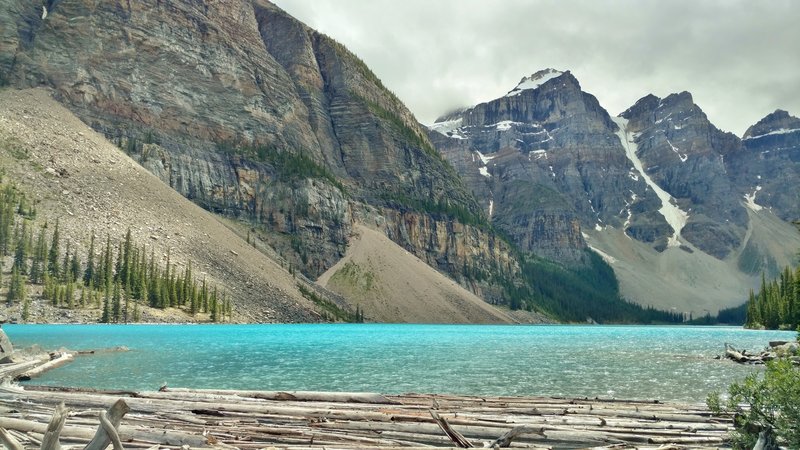 This is Moraine Lake up close. The mountains left-to-right are the base ...