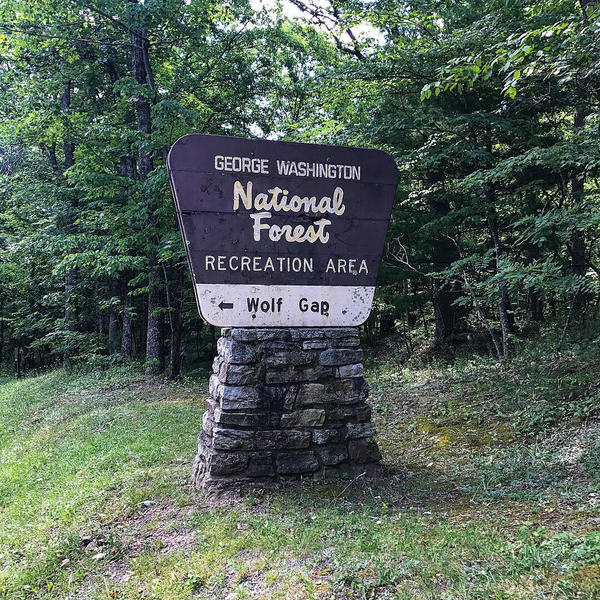 This sign for George Washington National Forest Wolf Gap Recreation ...