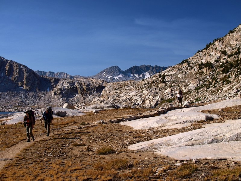 Hiking along the JMT in Evolution Basin.