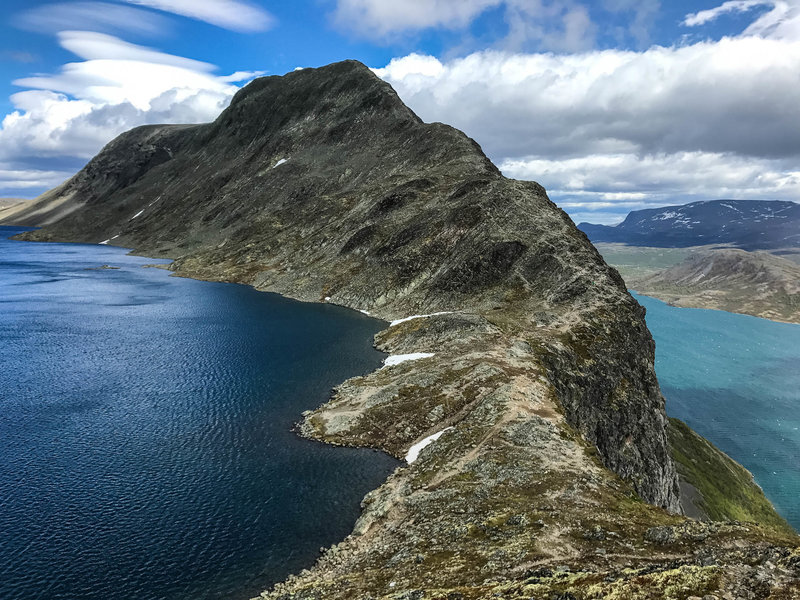 Looking back at Besseggen ridge. We hiked from the peak down the ridge ...