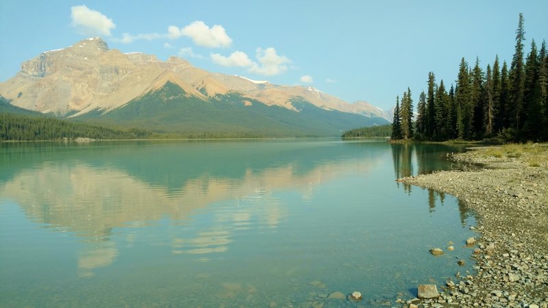 Brazeau Lake, a large backcountry lake, in the early morning, looking ...