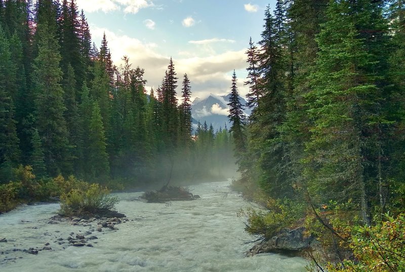 Morning mist and mountains along the Blaeberry River, hiking the David ...