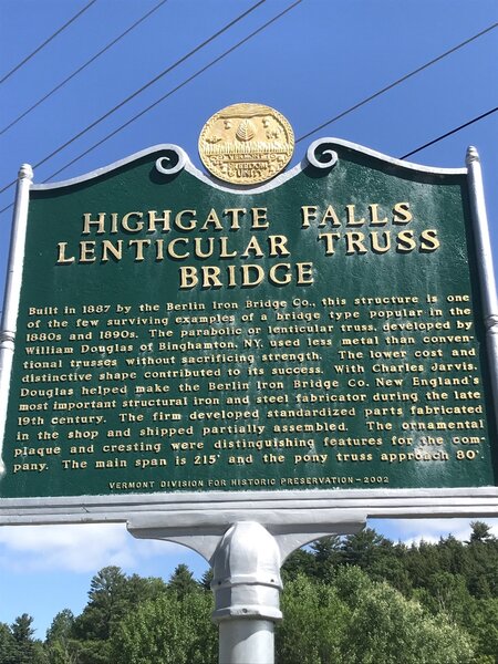 Highgate Falls Lenticular Truss Bridge Historical Marker.